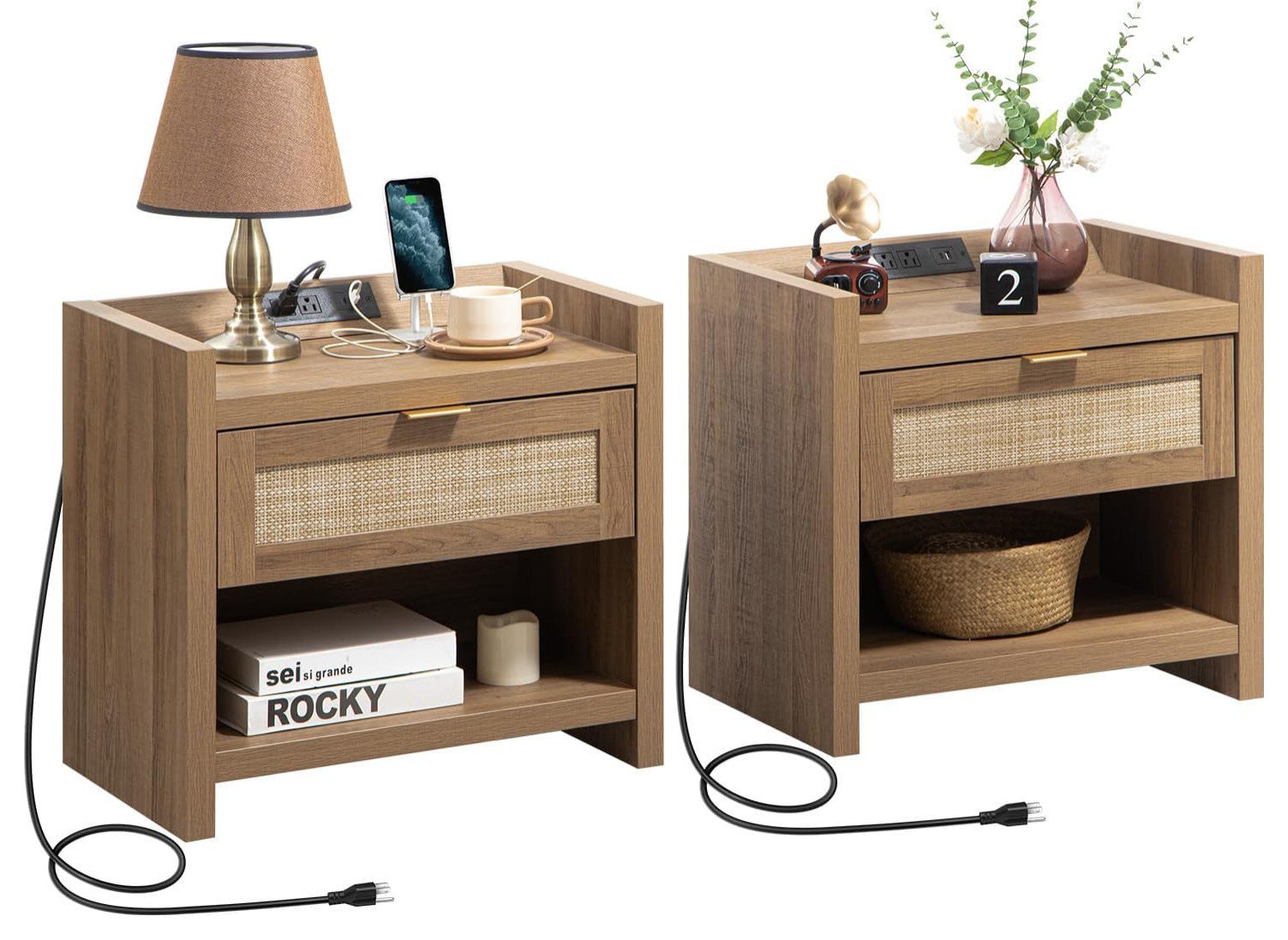 Set of 2 Nightstand, Charging Station & Drawer With Rattan Front ...