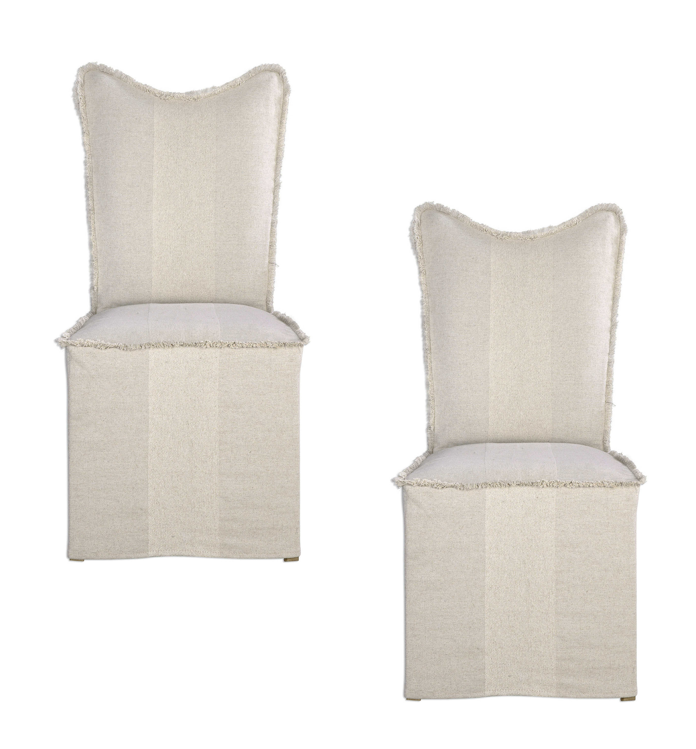 Casual Linen Blend Slipcover Dining Chair Beige Wood Stripe Fringe, Set ...