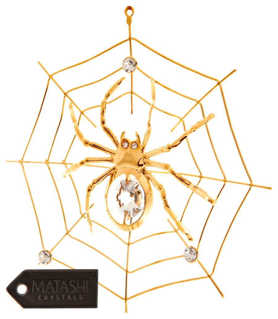 24K Gold Plated Crystal Studded Spider on Spider Web Ornament ...