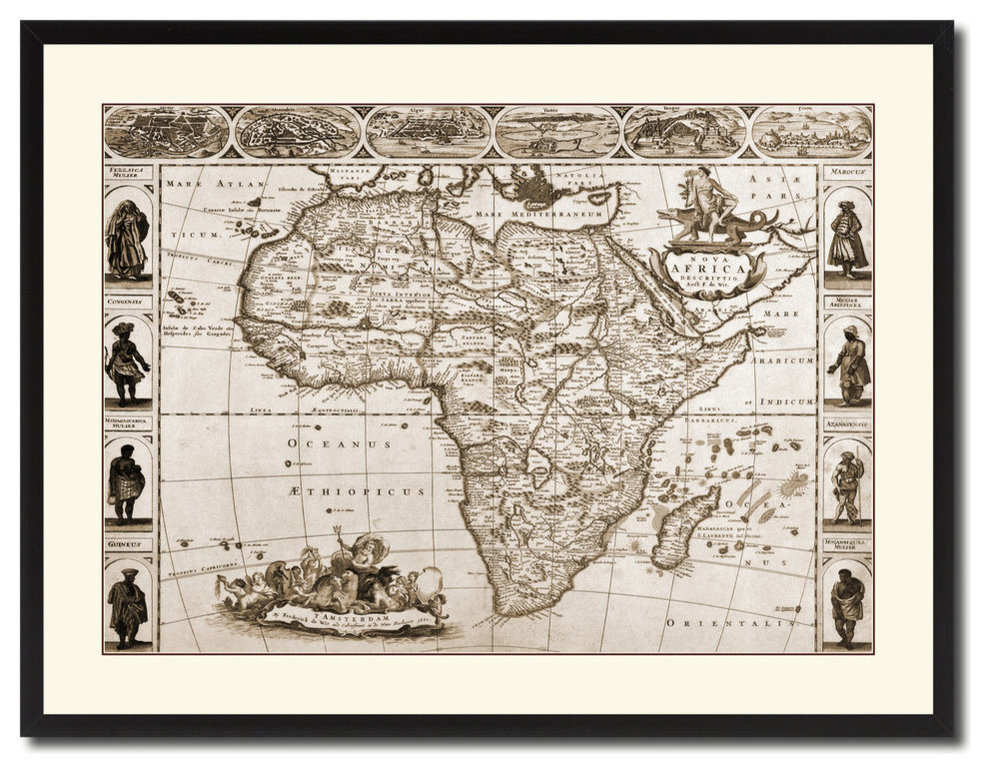 Africa Vintage Sepia Map Print On Canvas With Black Custom Frame, 16" X ...