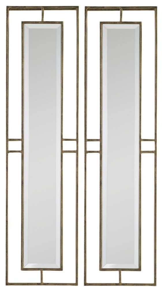 Modern 2-Set Beveled Wall Mirrors in Antiqued Gold Finish Linear Metal ...