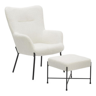 Izzy Lounge Chair + Ottoman Set, Black Metal, White Sherpa - Midcentury ...