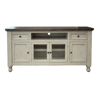 70" Ivory Solid Wood Open shelving Distressed TV Stand - French Country ...