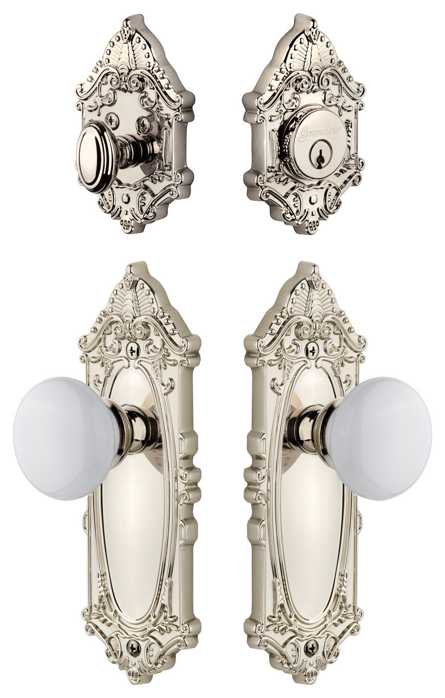 Grande Vic Plate with Hyde Park Porcelain Knob and Deadbolt in Polished ...