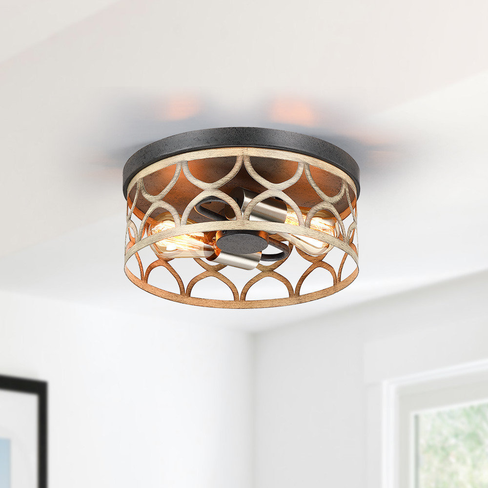 12" W 2-Light Bronze and Wood Tone Flush Mount Ceiling Light ...