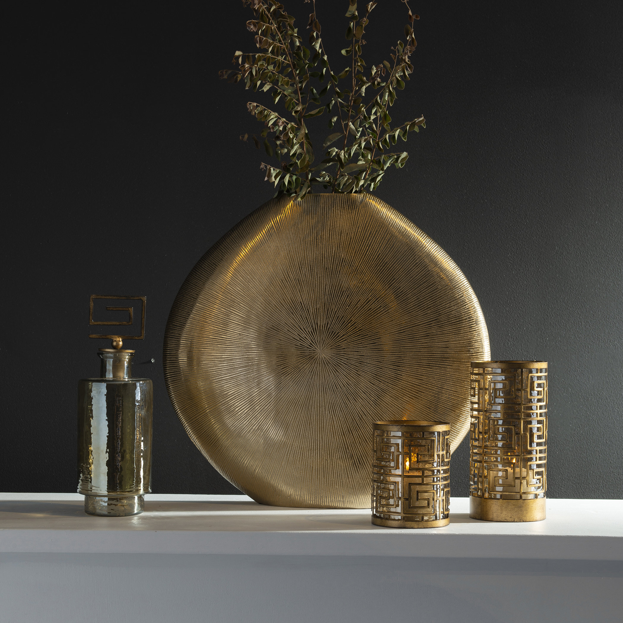 Luxe Large Flat Ribbed Disk Gold Silver Vase, Mid Century Modern Round ...