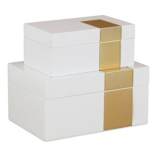 White Wooden Decorative Box With Golden Band Accent, Set of 2 ...