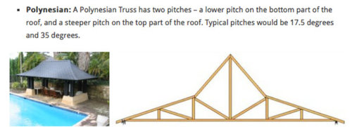 Polynesian trusses anyone? Bermuda roof? Dual-pitch?
