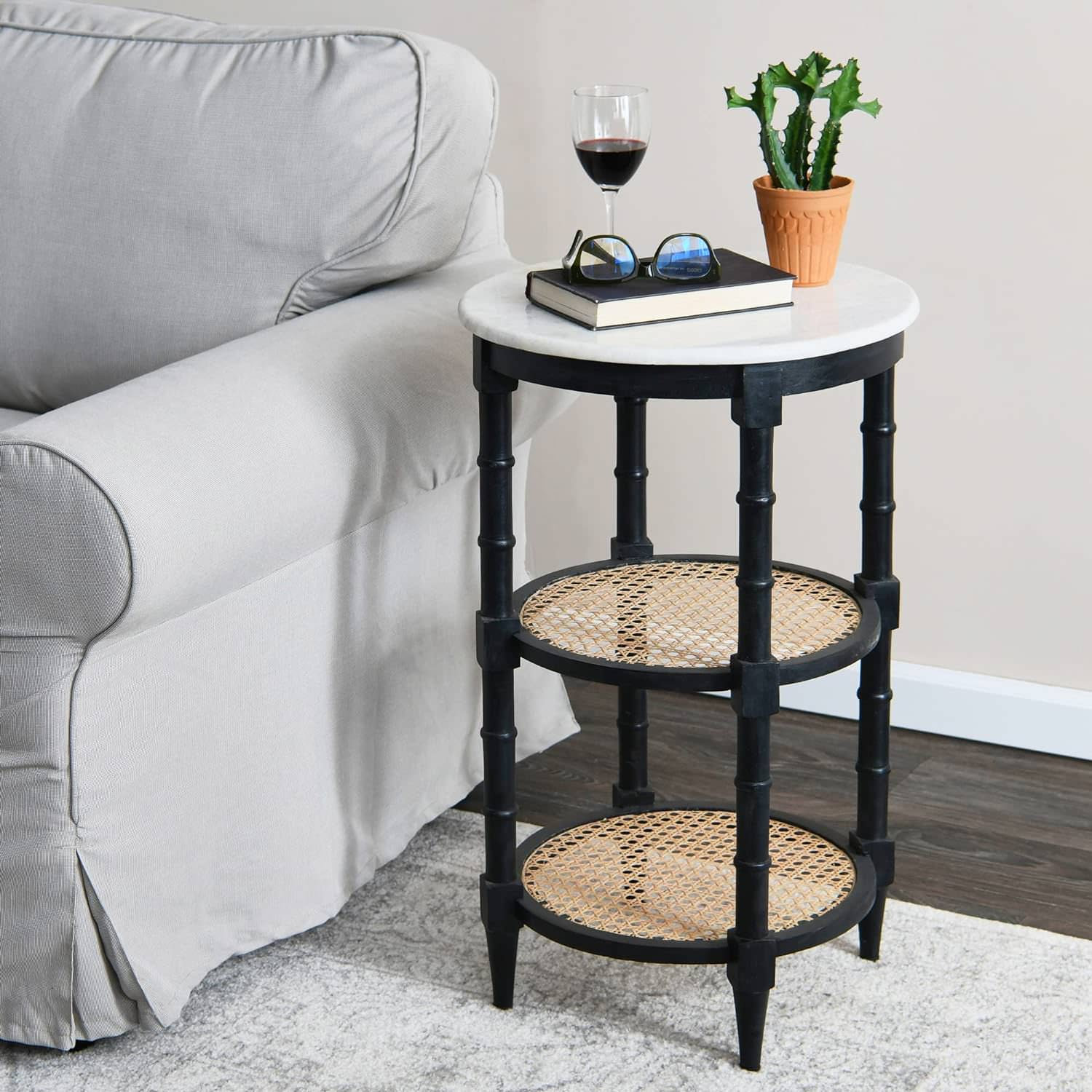Transitional End Table, Round Design With Faux Marble Top & Rattan ...