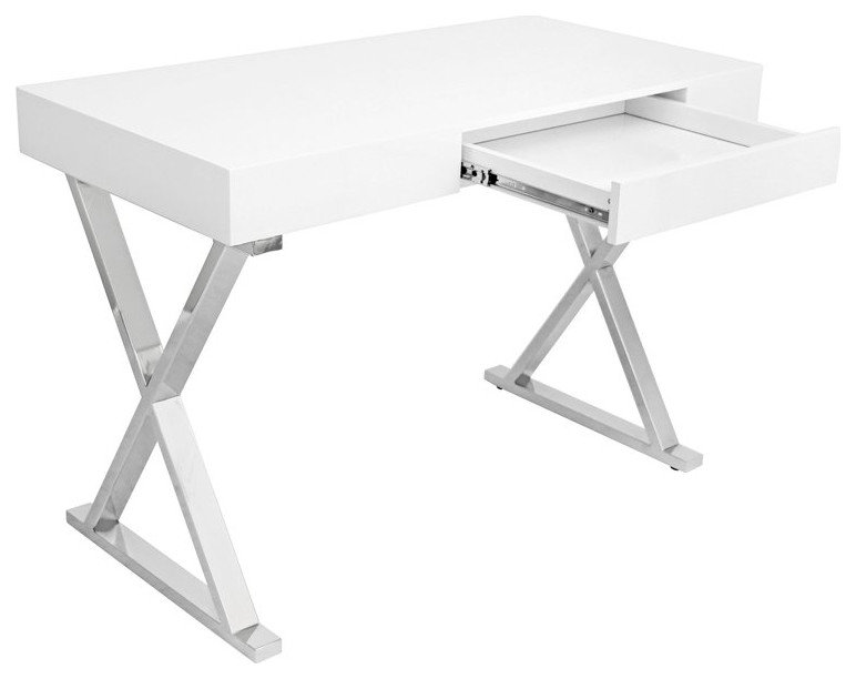 Glossy White Desk with X-Shaped Chrome Legs and Sleek Handless Drawer ...