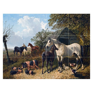 Tile Mural, Farmyard Scene Backsplash, 4.25" Ceramic, Matte - Farmhouse ...
