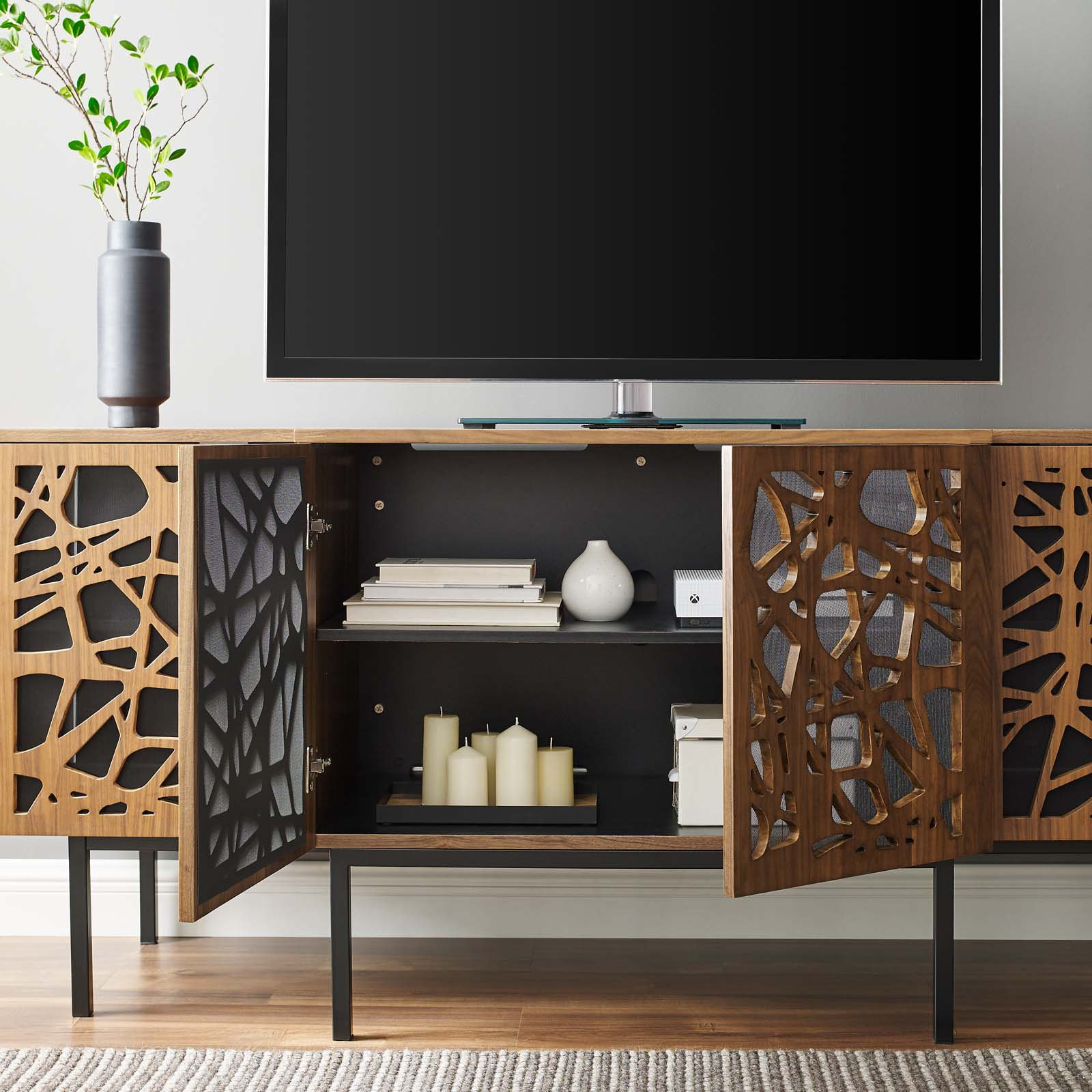 Console Entry Table Sideboard, Rectangular, Wood, Metal, Brown Walnut ...