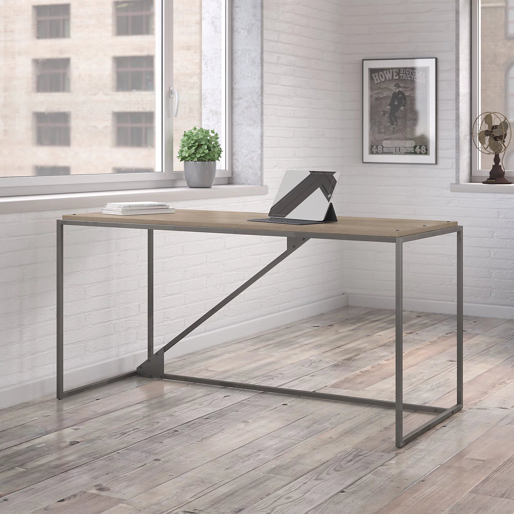 Industrial Desk, Metal Base With Rectangular Wooden Top, Rustic Gray ...