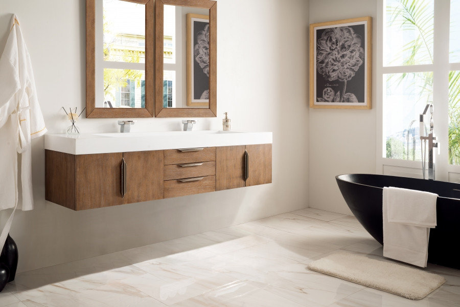 73 Inch Oak Floating Double Sink Bath Vanity Brushed Nickel Base, James ...