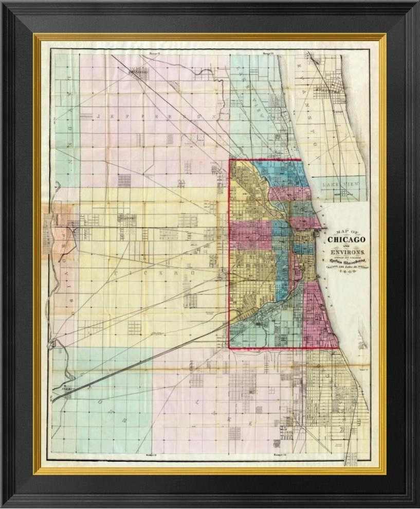 "Map of Chicago and Environs, 1869" by Rufus Blanchard, 17x20", 21"x1.5 ...