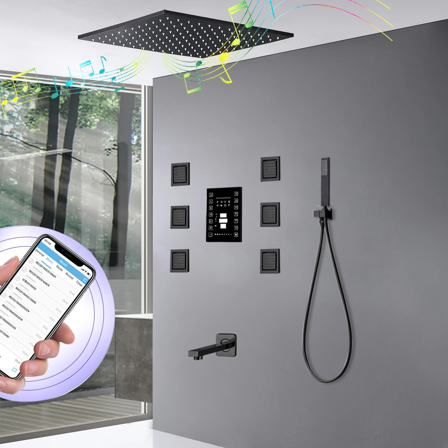 Remote Controlled 23*31" Matte Black Musical LED Shower System and 6 ...