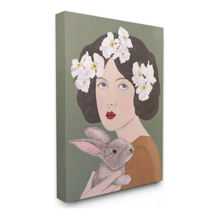 Woman And Rabbit White Flower Animal Painting, 24"x30" - Contemporary ...