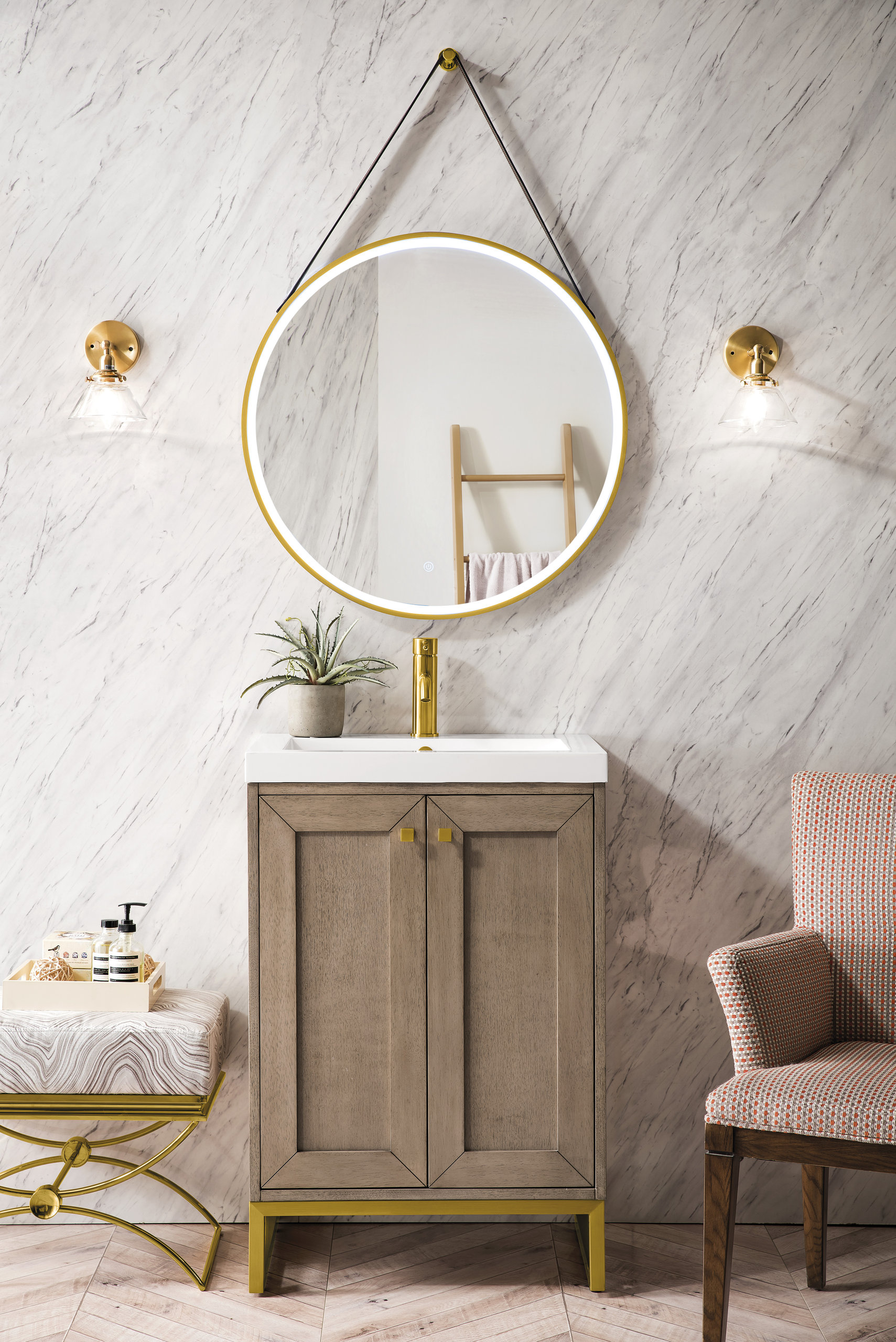 24" Single Vanity Vanity Whitewashed Walnut, Radiant Gold, W/ White ...