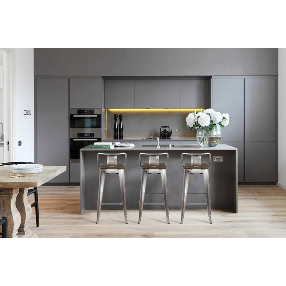 Metal Gunmetal Bar Stools With Lowback Dark Wooden Seat, Set of 4 ...