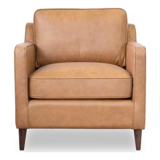 Manhattan Mid-Century Modern Cushion Back Genuine Leather Armchair, Tan ...