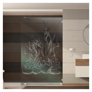 Frameless Frosted Glass Shower Screen Panel with Nice Sandblasted Design, 31-1/2" X 75 ...