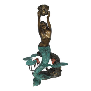 Mermaid 20 Holding A Shell Fountain Bronze Statue - Size: 9"L X 12"W X ...