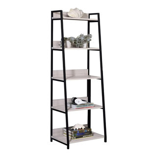 Natural and Black Ladder Bookshelf with 5 Wooden Tiers and Metal Frame ...