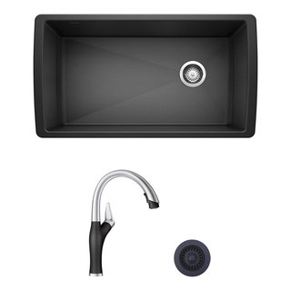 Blanco Diamond Super Single Sink Kit with Pull-Down Faucet and Strainer ...