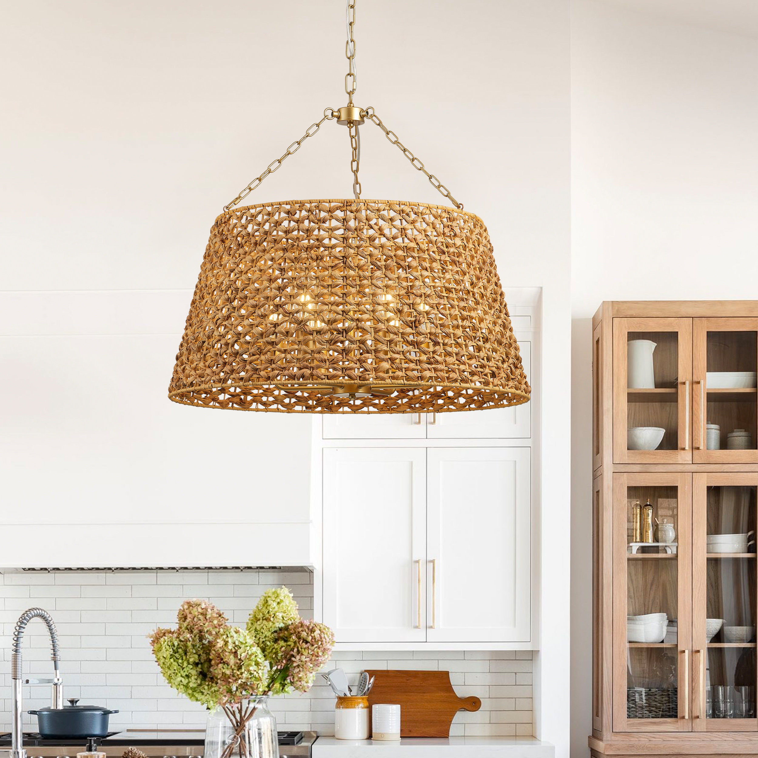 Farmhouse Painted Gold 6-Light Unique Hand Woven Oversize Pendant Light ...