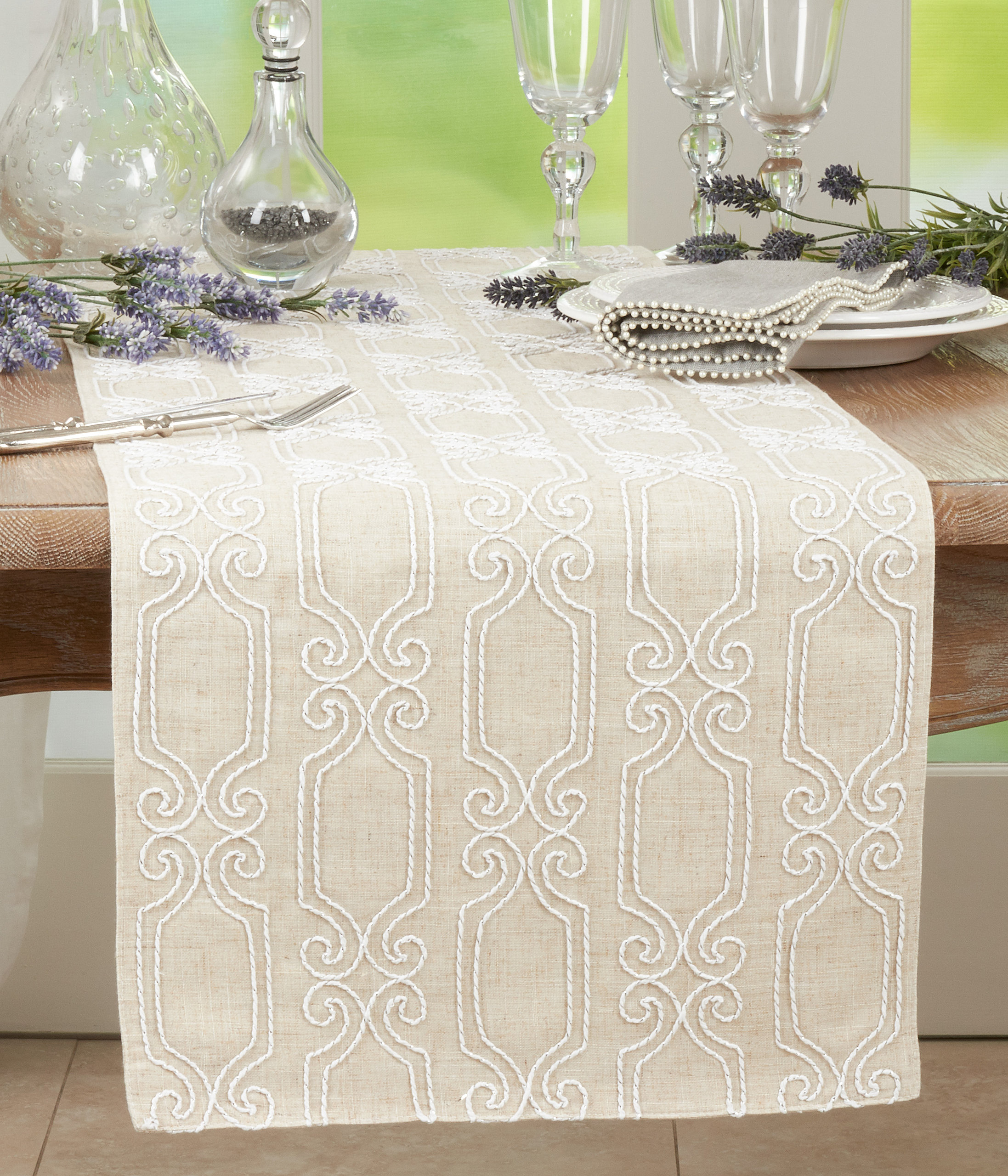 Embroidered Table Runner With Scroll Design, White, 16"x70", 16"x70 ...