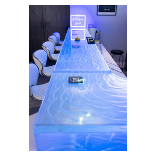 Glass private man bar and shelves with waterfall leg and led lights ...