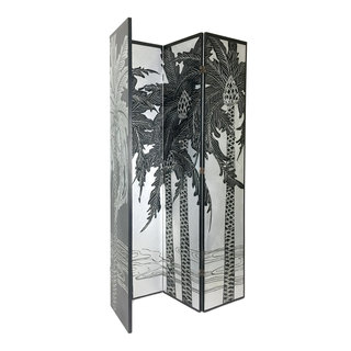 4 Panel Hand Painted Side Screen with Palm Trees Design, Silver and ...