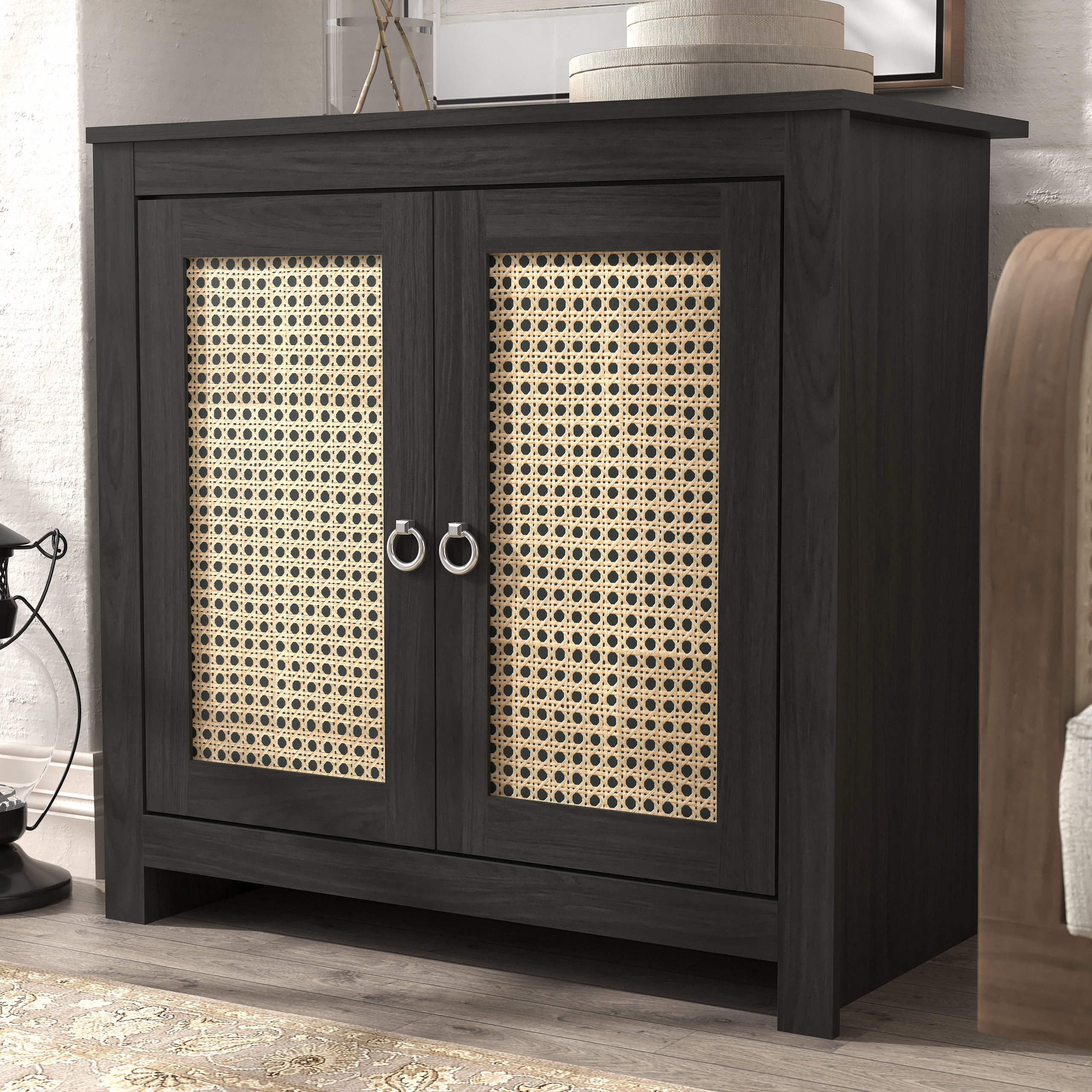 Joreen 2 Door Rustic Black Oak with Rattan Paper Accent Cabinet ...