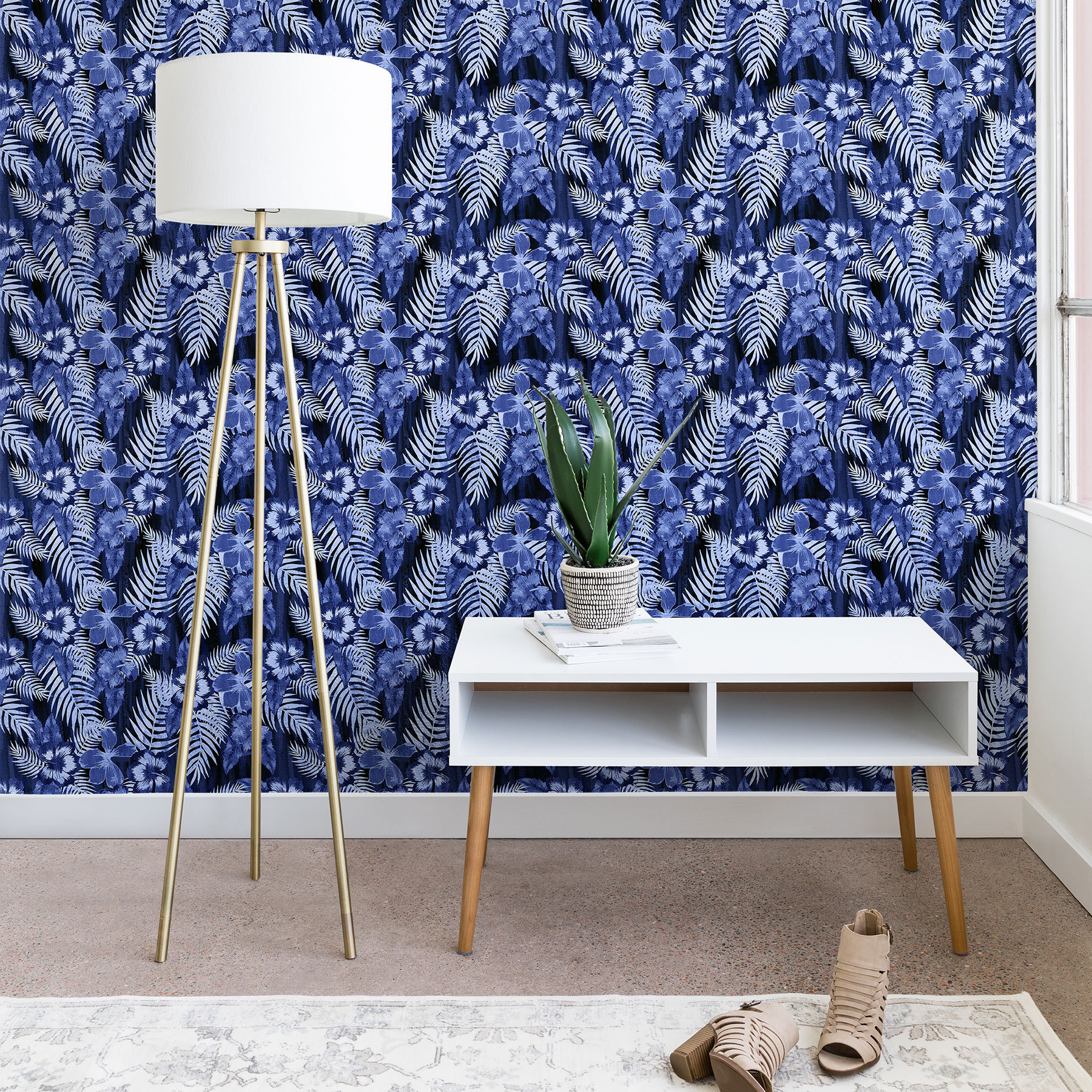 Deny Designs Schatzi Brown Hula Hibiscus Dark Blue Wallpaper, 2'x4 ...