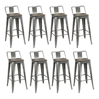 Gunmetal 30" High Back Metal Bar Stools With Wooden Seat Set of 8 ...