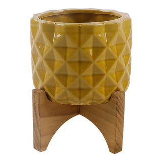 5" Gl Mustard Ceramic Dimple On Wood Stand - Contemporary - Indoor Pots ...