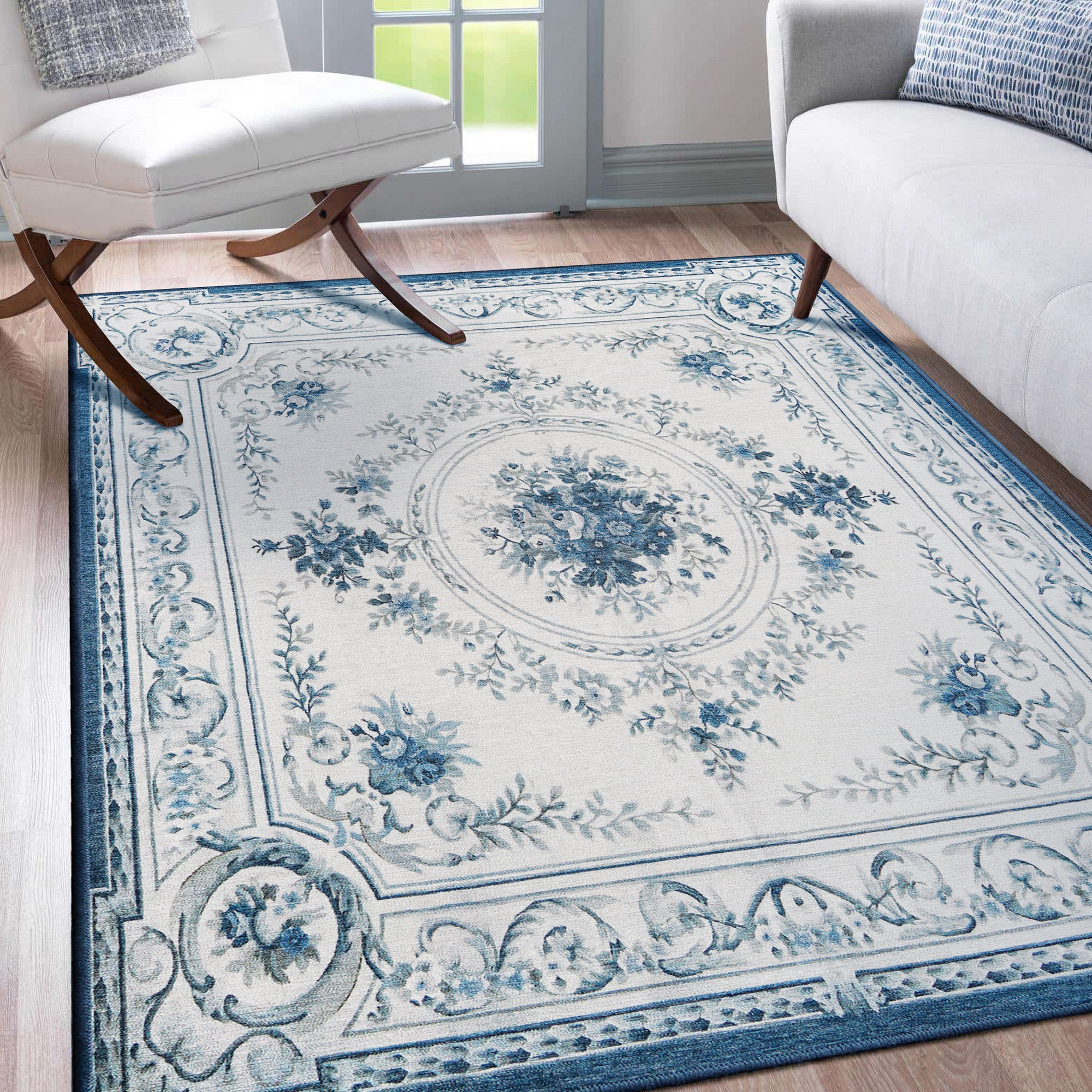 My Magic Carpet Washable Rug Aubusson Blue, 5' x 7' - Traditional ...