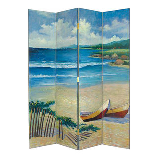 Wooden 4 Panel Room Divider with Coastal Print, Multicolor - Beach ...