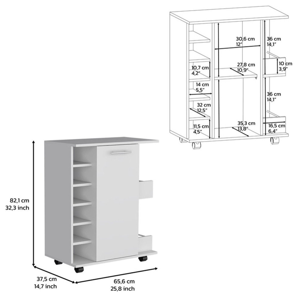 Pemberly Row Engineered Wood Bar Cart with 2-Open Side Shelves in White ...