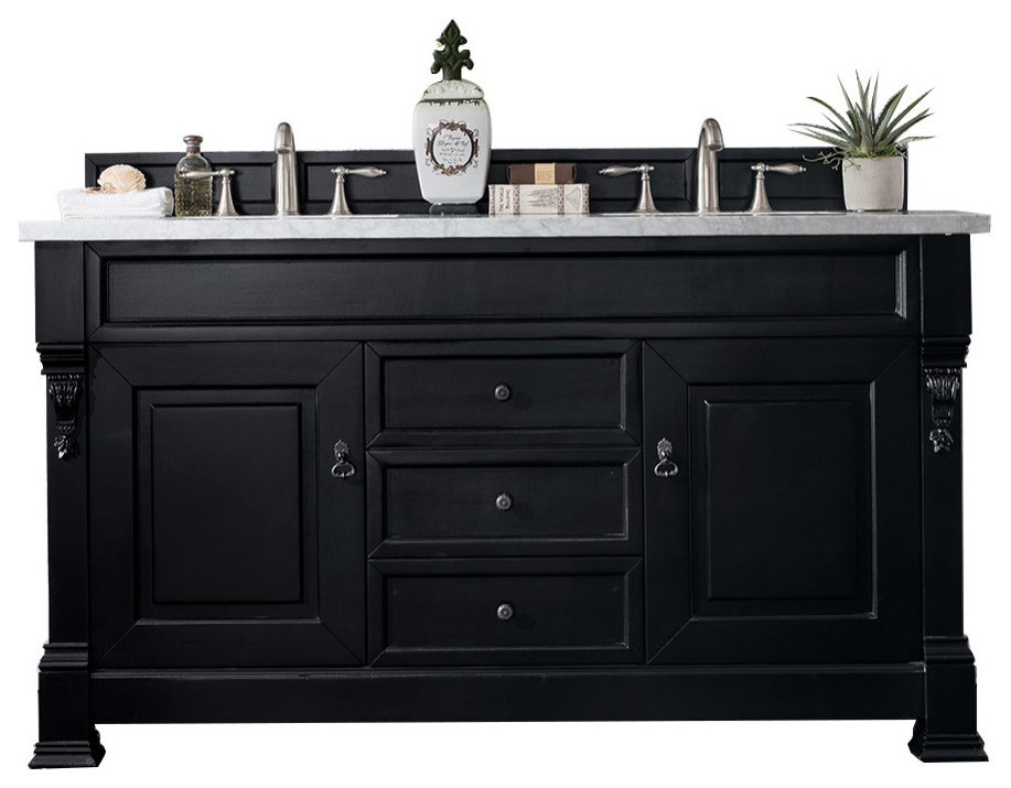 Brookfield 60" Antique Black Double Vanity, Arctic Fall Solid Surface ...