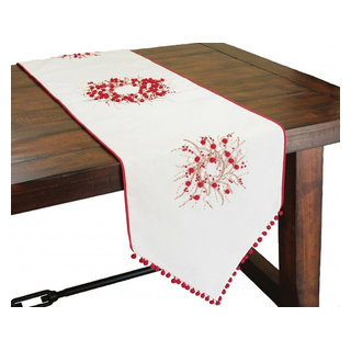 Handmade Holiday Berry Wreath Ribbon/Pom Pom Double Layer Table Runner ...