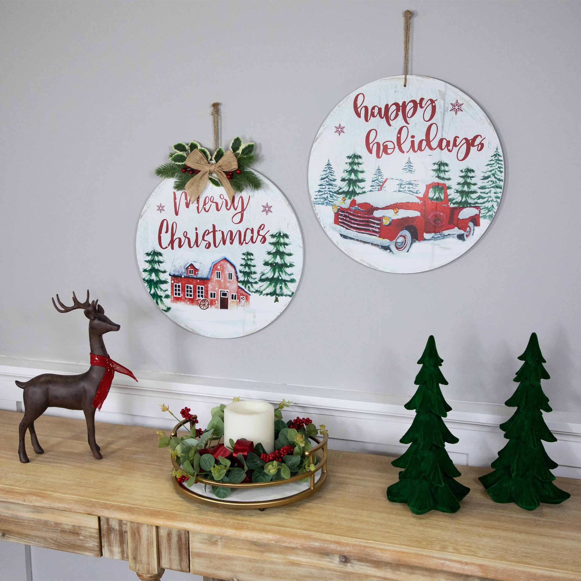 Merry Christmas and Happy Holidays Wall Signs, 15.75" 2-Piece Set, Red ...