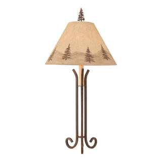 Tall Rust Iron 3-Footed Table Lamp With Pine Tree Shade - Rustic ...