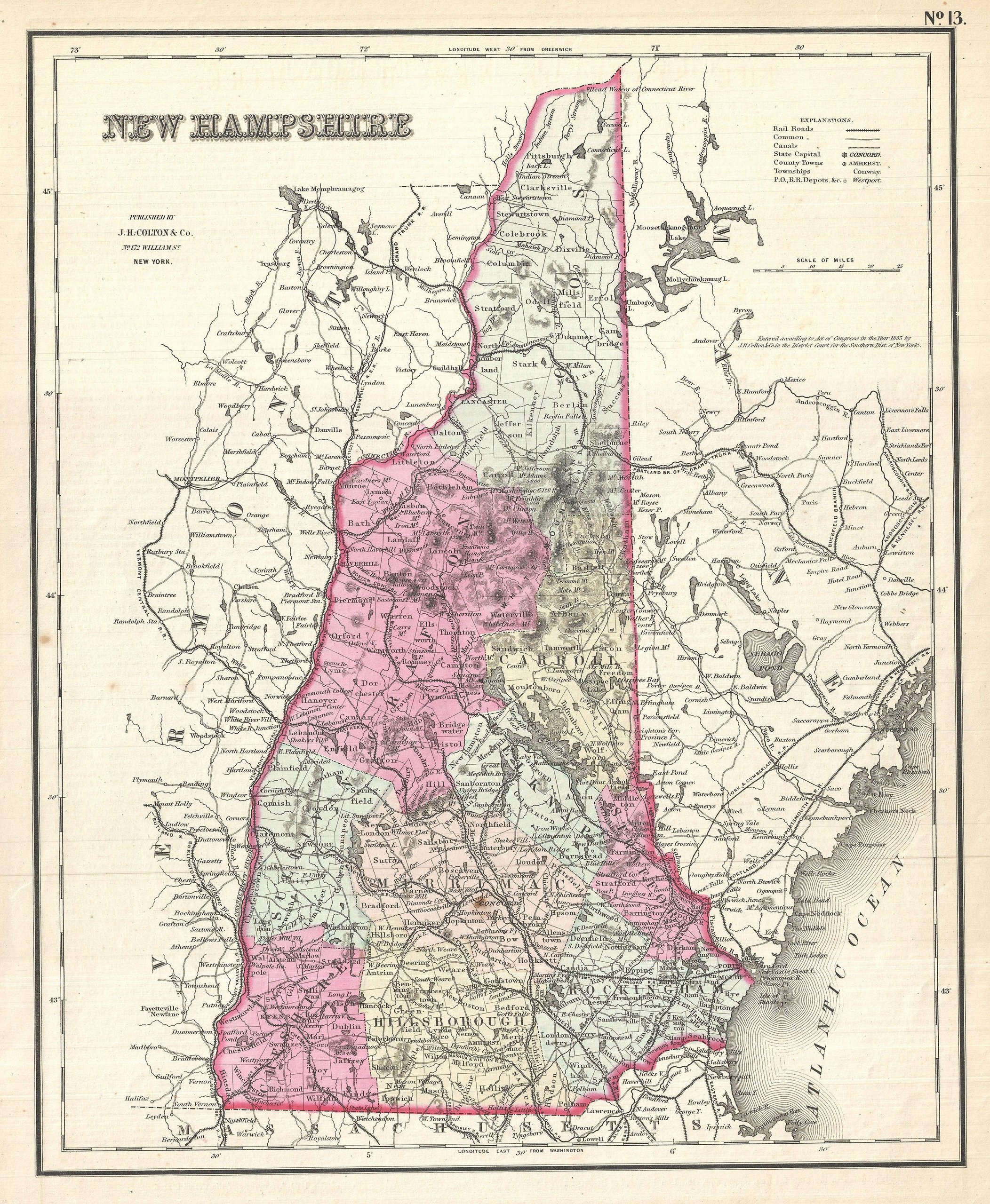 Map of New Hampshire, 1857, Peel & Stick Removable Wall Decal, 20"x25 ...