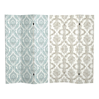 6' Tall Double Sided Ivory Damask Canvas Room Divider - Traditional ...