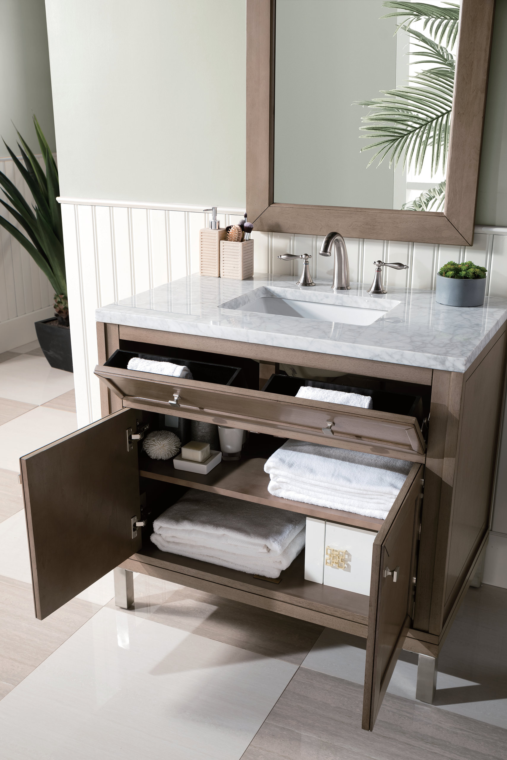 Chicago 36" Whitewashed Walnut Vanity, Carrara Marble Top ...