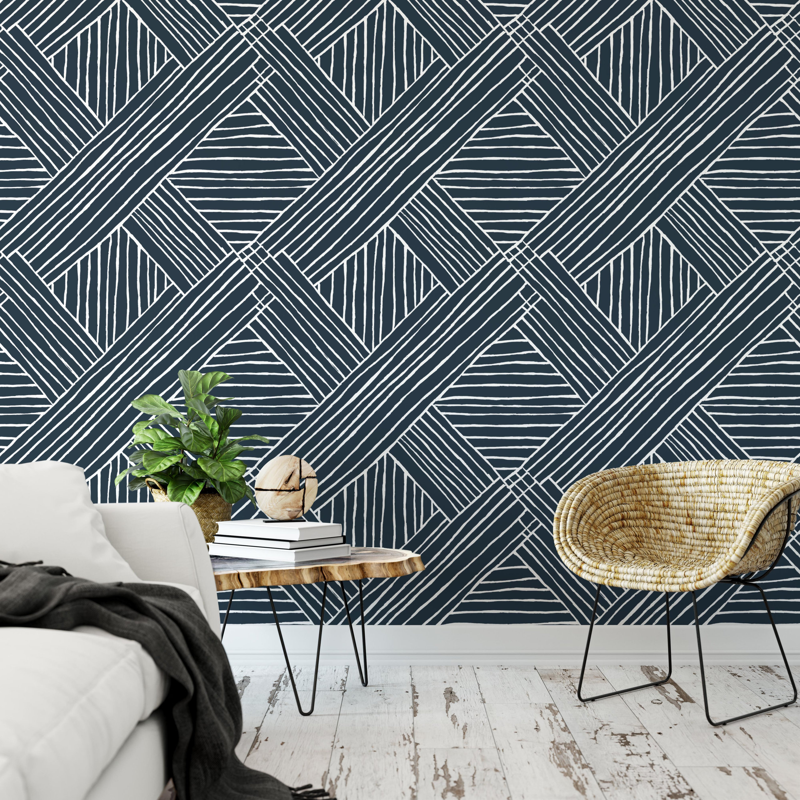 Striped Diamonds Indigo Wallpaper, 24"x144" - Contemporary - Wallpaper ...