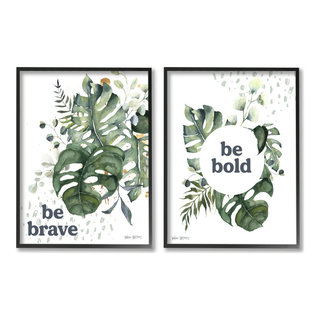 Be Bold & Brave Quote Botanical Watercolor Monstera Leaves, 2pc, 24"x30 ...