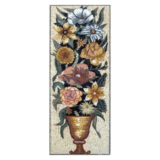 Mosaic Golden Pot Of Flower Blossoms, 21" x 57" - Contemporary - Tile ...