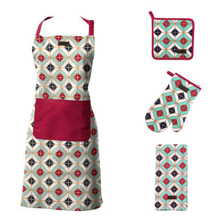4-Piece Geometric Kitchen Set, Apron Oven Mitt Towel and Pot Holder ...